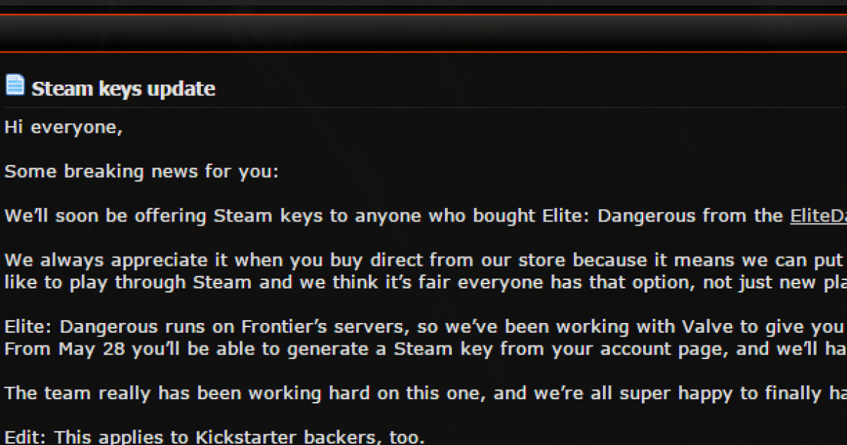Frontier Developments Giving Existing Users Elite: Dangerous Steam Key ...